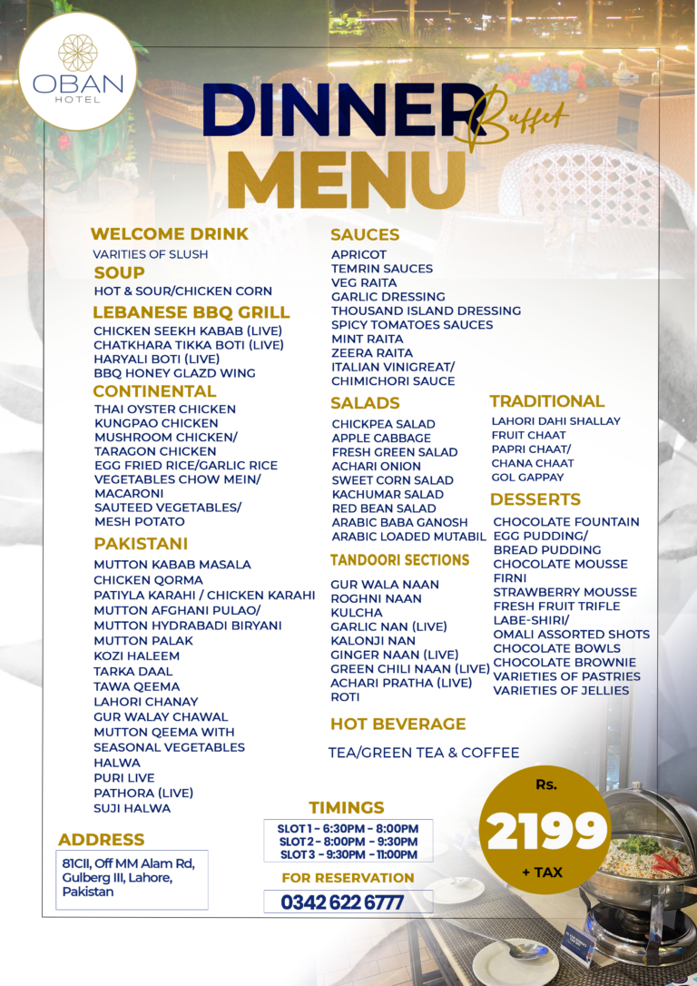 Oban Hotel's Menu - Best Family Friendly Hotel in Lahore
